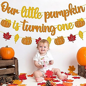 Our Little Pumpkin is turning One Banner 1st Birthday Banner Happy First Birthday Decoration Pumpkin 1s Bday Decor Fall Autumn Thanksgiving Party Event Backdrop Celebration Gold Glitter Supplies for Boys Girls Baby Shower 1st Birthday Party