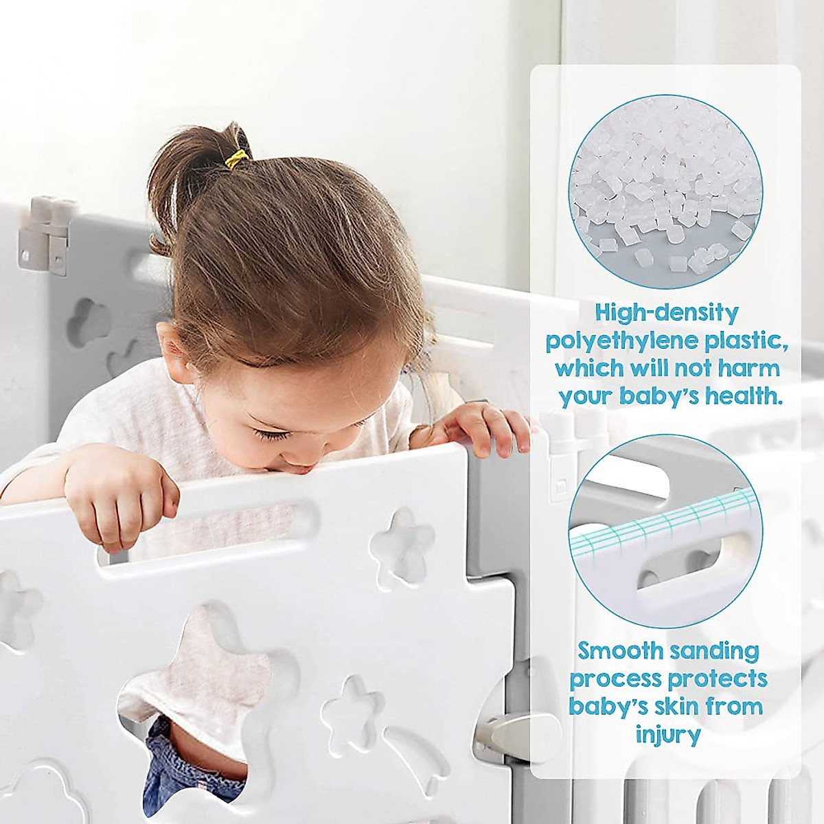 Dripex Baby Playpen, Foldable Playpen for Babies and Toddlers, Adjustable Shape Baby Fence, Safety Play Yard with Gate, Portable Play Area for Indoor or Outdoor (Grey+White,18 Panel)