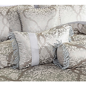 Chezmoi Collection Noelle 7-Piece Cal King Bedding Set Silver Gray Brown Floral Medallion Jacquard Comforter Set, California King Size
