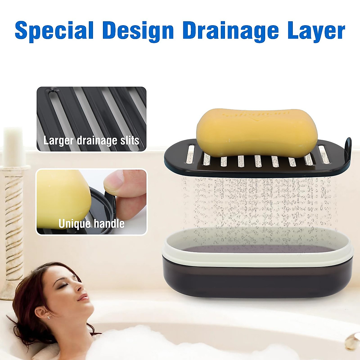 AIMAIAIMAI Shampoo Bar Holder, Travel Soap Container, Large Soap Box, Soap Dish with Draining Layer, Soap Case for Bathroom, Traveling, Gym, Camping (Black, 1 Pack)