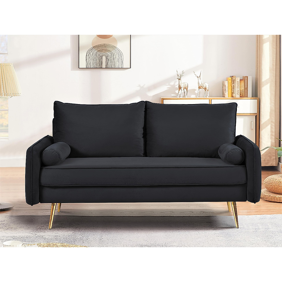 Container Furniture Direct Kent Modern Loveseat, European Style Velvet Living Room Furniture with Tapered Legs, Vintage Flair, and Sleek Design, Love Seat, Black