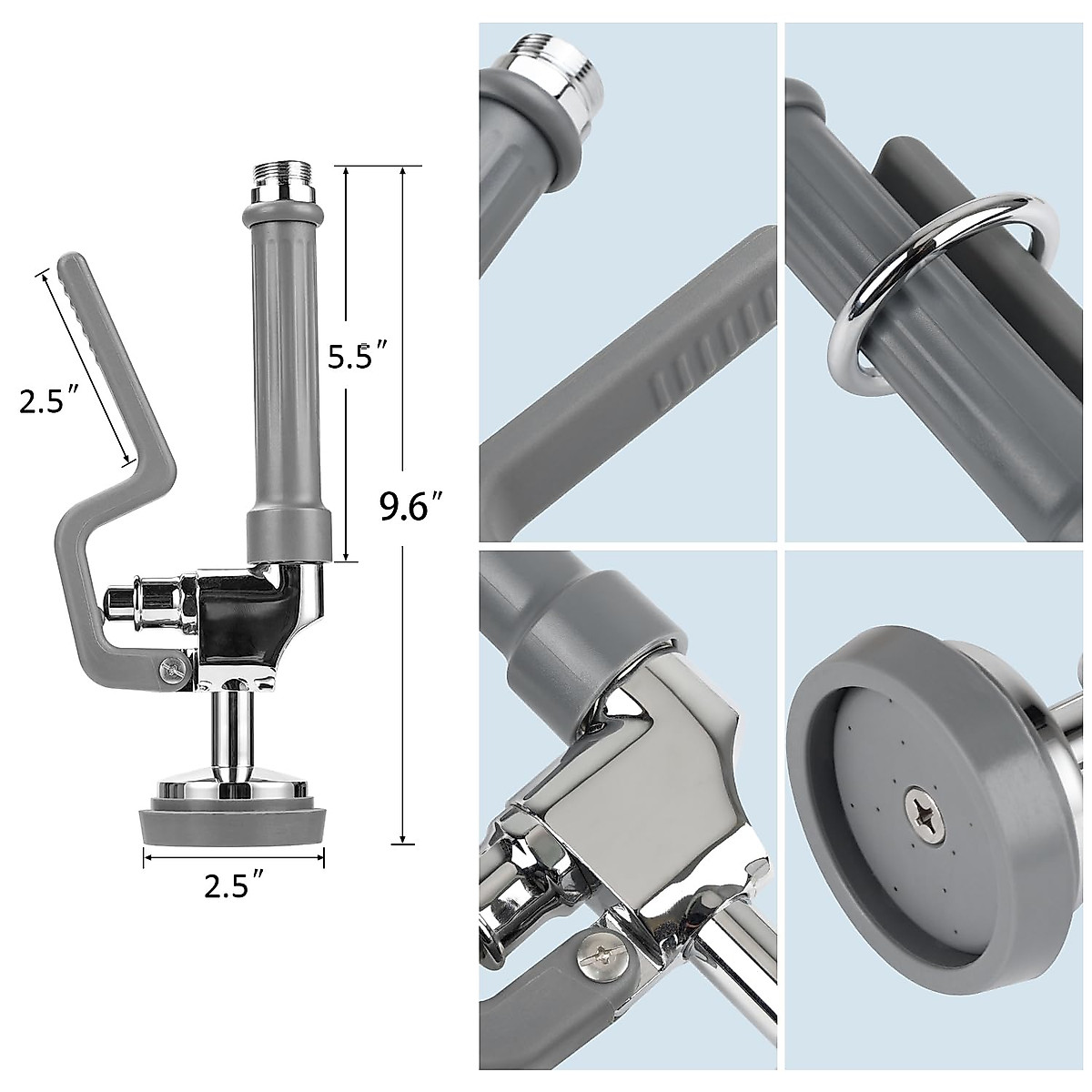 TCEUMIK Spray Valve with 44inch Flexible Hose & Pre Rinse Spring for Commercial Restaurant Sink Faucet 1.42GPM High-Pressure Dish Sprayer Stainless Steel Hose & Overhead Spring (Gray)