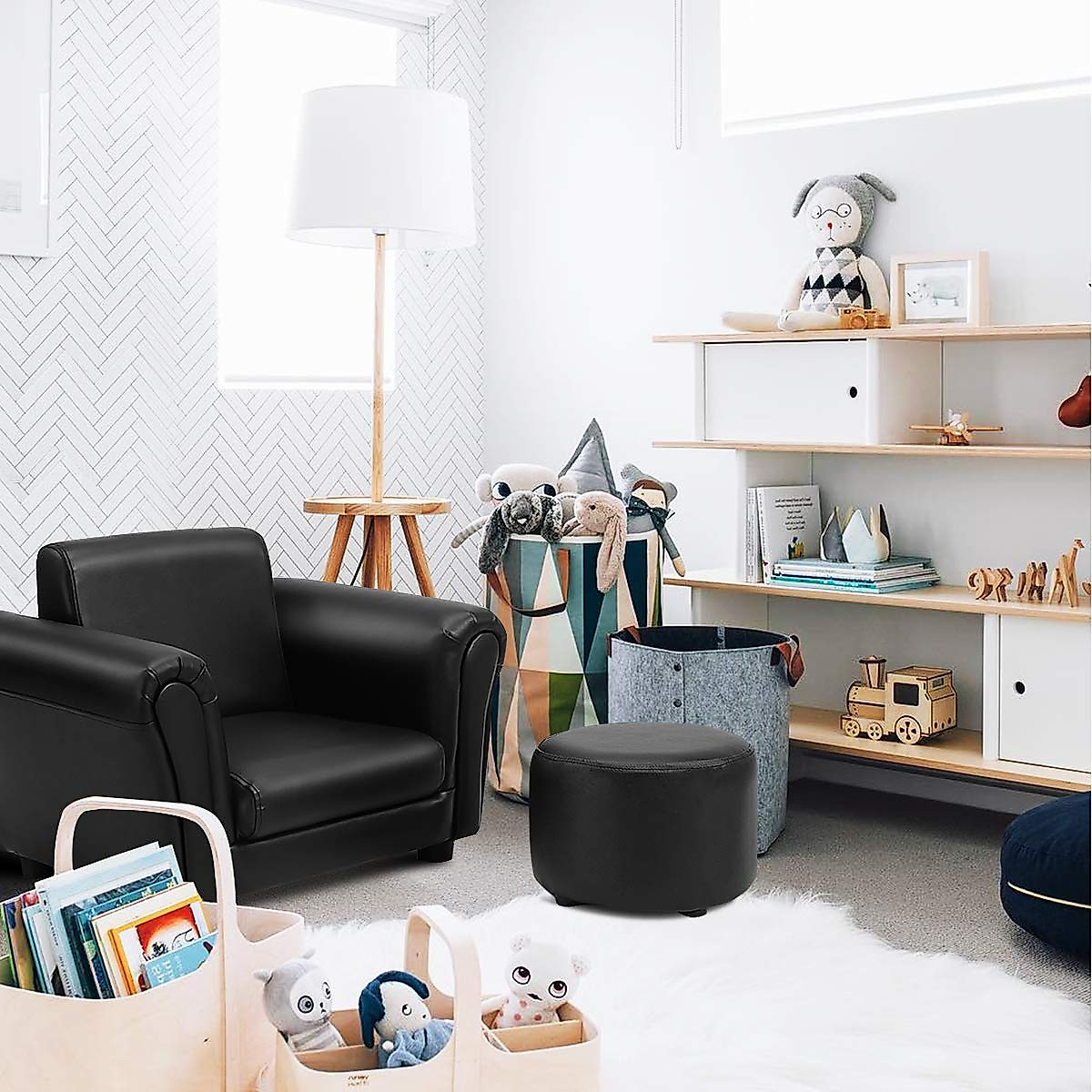 Costzon Kids Couch with Footstool, Children's Sofa with ASTM & CPSIA Certification, Mini Couch for Toddler w/Load-Bearing of 100LBS, Armchair w/Armrest and Backrest for Baby Boys Girls Gifts (Black)