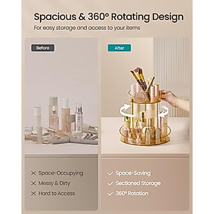 SONGMICS Makeup Organizer, 2-Tier Round Rotating Skincare Organizer, Extra Top Tray Included, Customizable, Large Capacity, Toiletries Vanity Organizer, Champagne Gold UJKA027A01
