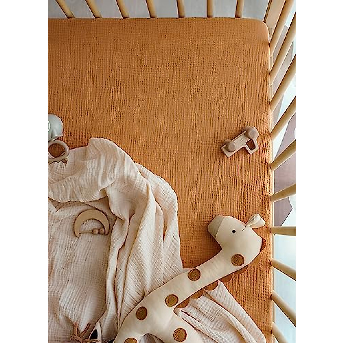 Muslin Crib Sheets for Girls and Boys, Cotton Boho Neutral Fitted Baby Crib Sheet for Standard Crib Mattress & Toddler Bed Mattress (52"x28"), Soft and Breathable, 2 Pack (Retro Yellow&Beige)