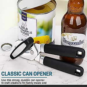 Rainspire Can Opener Manual Handheld Strong Manual Can Opener Smooth Edge Cut, Can Opener Heavy Duty, Comfortable Soft Handle, Built-in Bottle Opener, Black