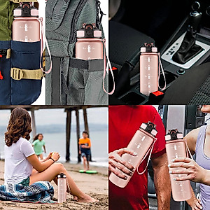 GOSWAG 32 oz Water Bottle with Straw & Time Marker, Leakproof BPA Free, Drinking Water Bottle with Hours, Carry Strap, Fits in The Cup, Backpack, Increase Water Intake of All-Day (Lotus)