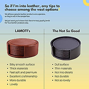 LAMOTI Leather Coasters for Drinks, 4" Drink Coasters Set of 6 with Holder for Tabletop Protection, Handmade Luxurious Home Décor and Housewarming Gift (Brown)