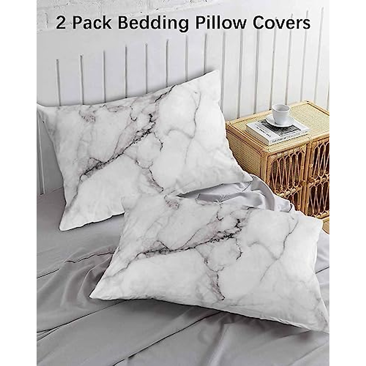 Edwiinsa Grey Marble Pillow Covers King Standard Set of 2 Bed Pillow, Modern White Abstract Art Aesthetics Plush Soft Comfort for Hair/Skin Cooling Pillowcases with Envelop Closure 20''x36''