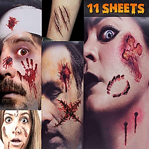 Zombie Makeup Halloween Makeup Tattoos - 11 Sheets Fake Blood Fake Scar Tattoos Halloween Makeup Kit Zombie Makeup Kit for Kids and Adults, Scary Wound Stitches Vampire Makeup Fake Cuts Zombie Tattoos