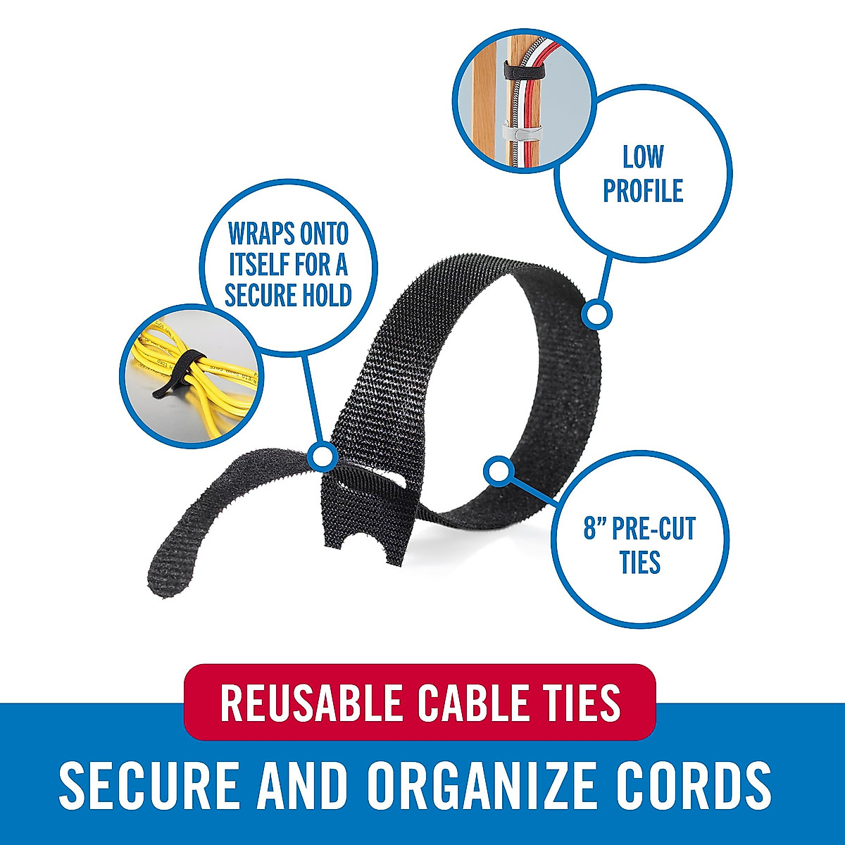 VELCRO Brand ONE-WRAP Cable Ties, 100Pk, 8 x 1/2" Black Cord Organization Straps, Thin Pre-Cut Design, Wire Management for Organizing Home, Office and Data Centers