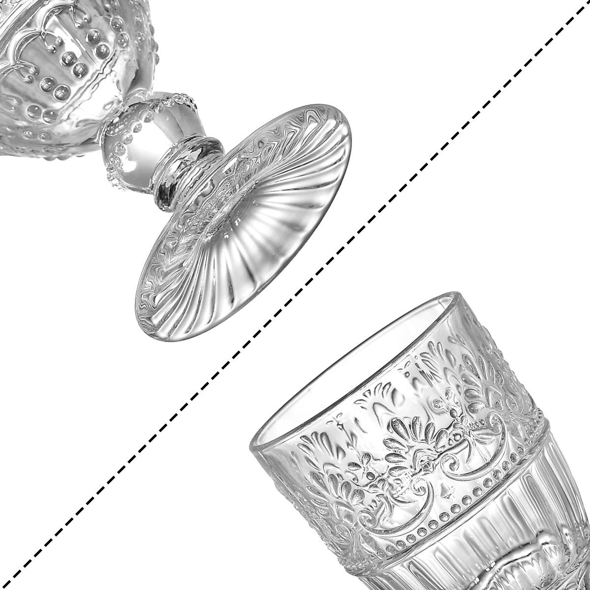 AVLA 6 Pack Glass Goblet, 12 OZ Vintage Wine Glassware, Romantic Wedding Glass Set, Drinking Stemware Beverage Cups for Party, Bar, Champagne, Juice, Beer, Cocktail, Embossed Design