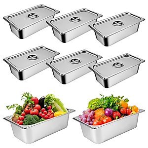 8 Packs Stainless Steel Hotel Pans with Lids 1/4 Size x 6" Deep Steam Table Pan Commercial Food Storage Containers Stackable Metal Steamer Pan Anti-Jam Hotel Pan Restaurant Warm Pans