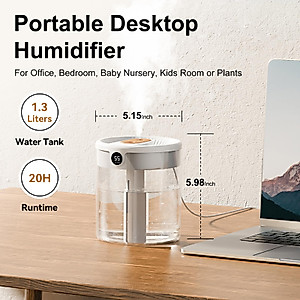 Smart Humidifier for Bedroom, Home, Great Room, Nursery, Office, 1.3L Cold Mist Top Fill 20 Hours Extra Long Use Time for Fast Relief, 26dB, 360° Dual Nozzles, Easy to Fill and Clean, BPA-Free
