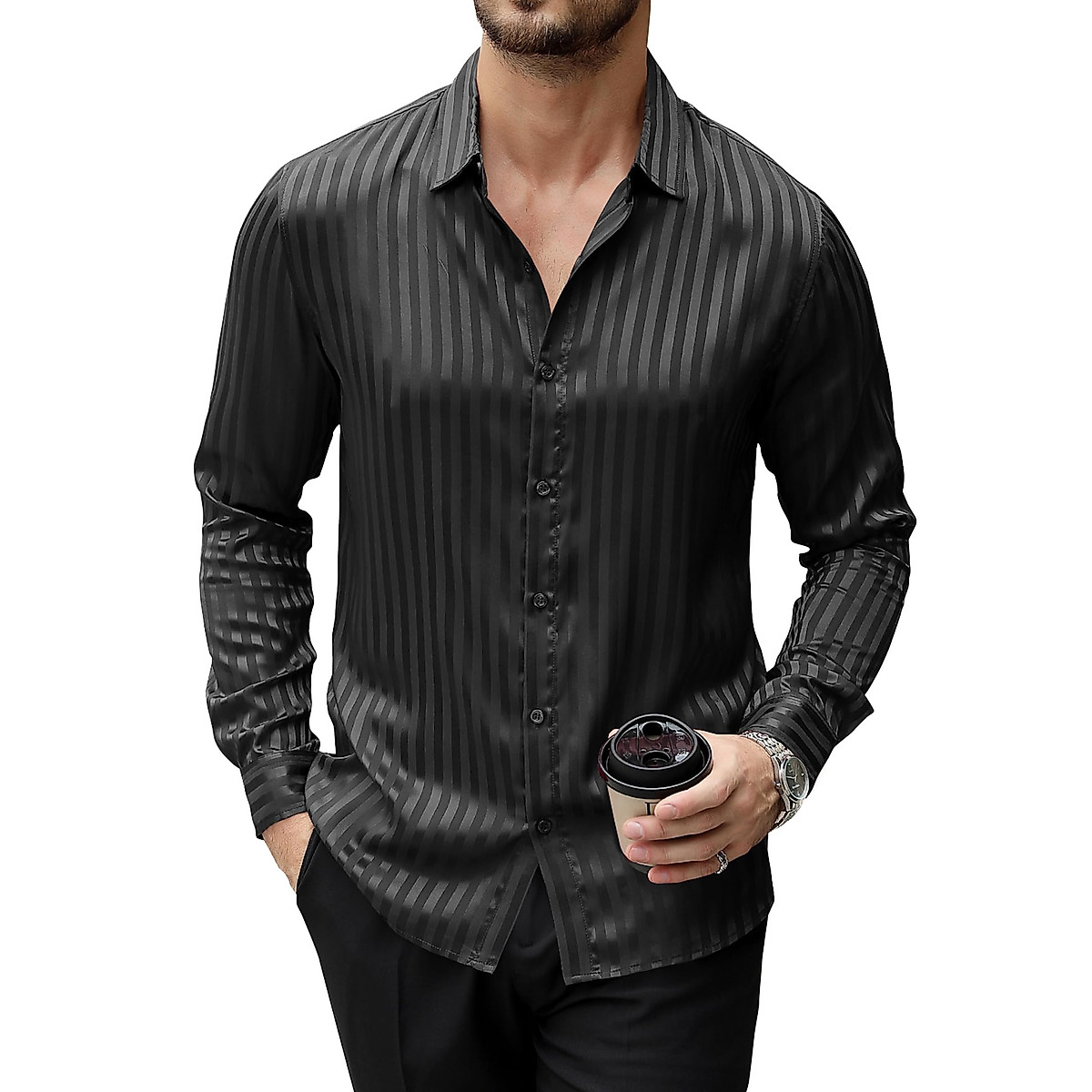 URRU Men's Black Dress Shirt Luxury Dress Shirts Casual Luxury Shiny Silk Long Sleeve Striped Button Down Wedding Shirt Party Prom Shirt Black L