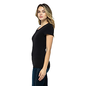 Women's Basic Solid Active Soft Cotton Short Sleeve V Neck Slim Fitted Top T-Shirts in Black - M
