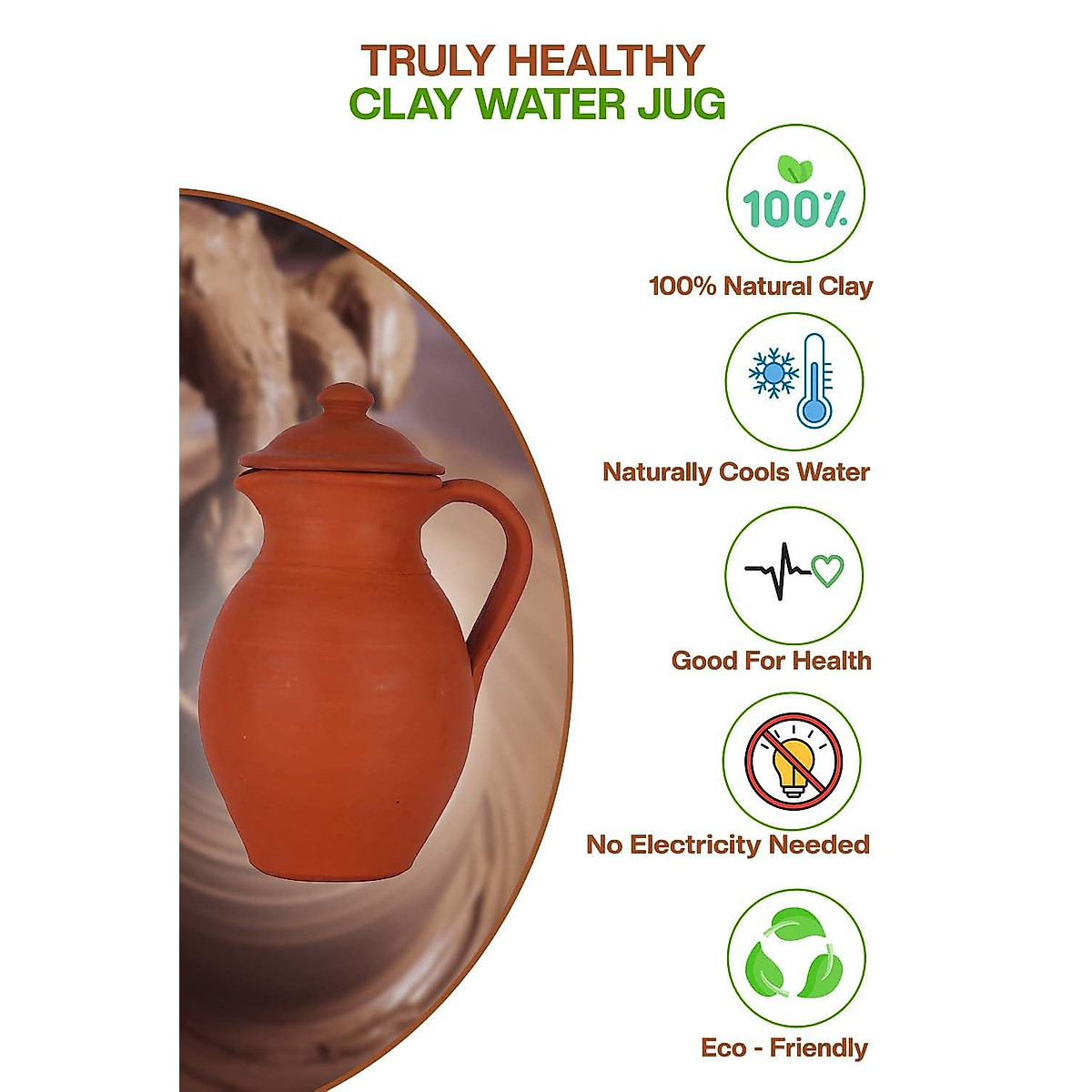 Village Decor Handmade Earthen Clay Water Jug with Lid | Carafes Pitcher | Capacity 51 oz 1500 ml