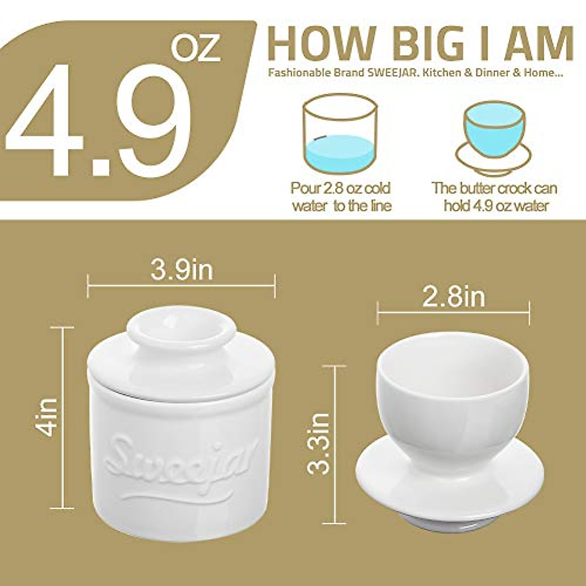 Sweejar Porcelain Butter Crock Keeper, French Butter Dish Keeps the Butter Fresh Soft & Spreadable, Serving Butter Easy for Bread Lovers Breakfast Kitchen Counter (Black)