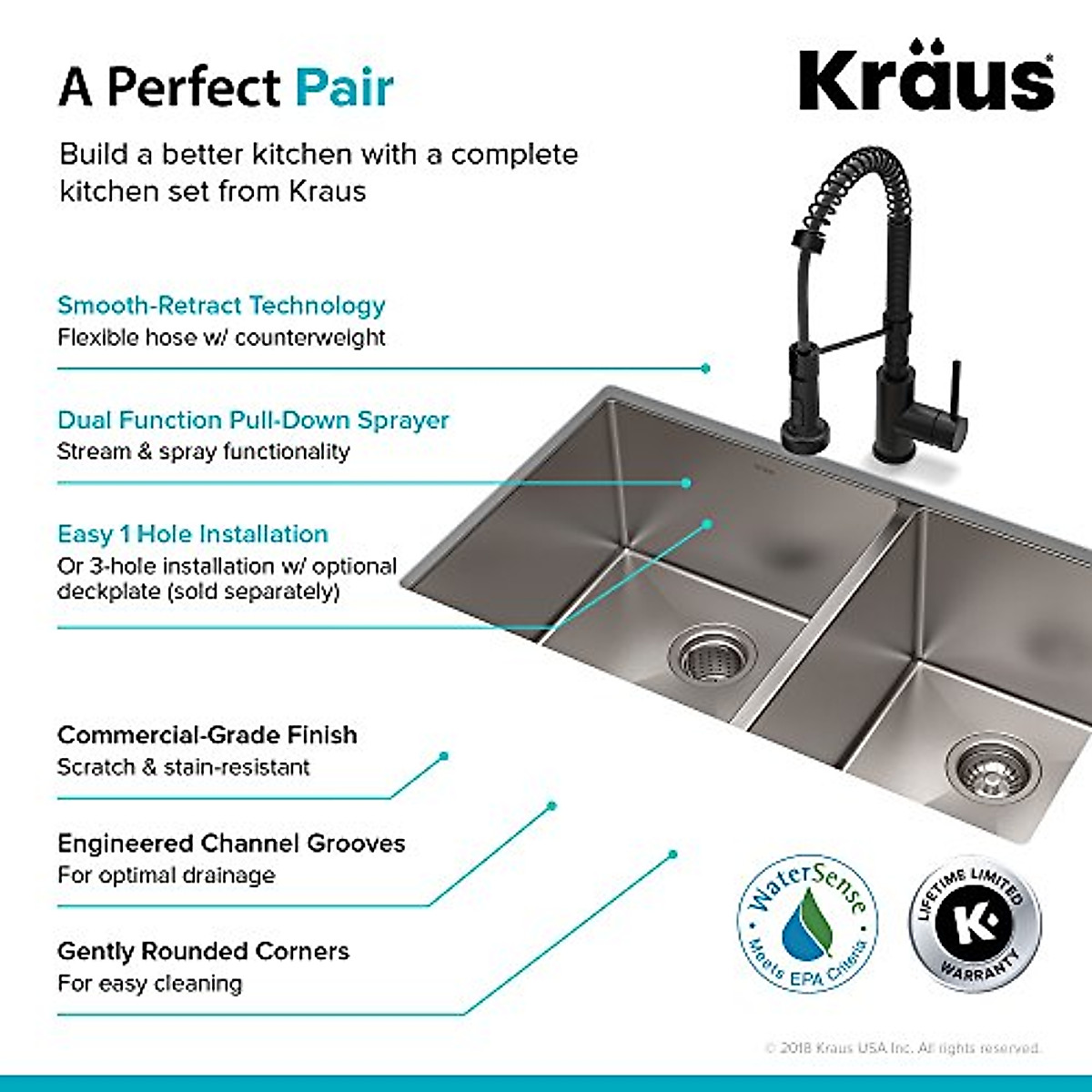 KRAUS 33-inch 16 Gauge Double Bowl 60/40 Standart PRO Kitchen Sink Combo Set with Matte Black Bolden 18-inch Kitchen Faucet and Soap Dispenser, KHU103-33-1610-53MB