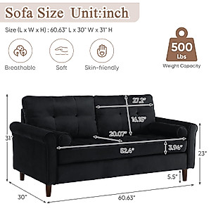 JEEOHEY 60 Inch Small Couch, Mid-Century Modern Velvet Upholstered Loveseat Sofa Furniture for Small Space, Living Room, Bedroom, 2 Pillows, Rolled Arm, Comfy Seat & Back Cushion, Black