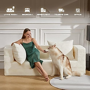 Cansunna Folding Bean Bag Chair for Adults,3-in-1 Bean Bag Couch Faux Fur Floor Sofa Large Beanbag Convertible Bean Bag Sofa Bed with Pillow,Bedroom,Living Room(Large,Milky White)