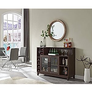 Home Source 36.6" Modern Home Bar Ensemble: Coffee Bar Shelves, Sideboard Cabinet, and Bar Console Cabinet with Glass Hanging Space Rack (Mahogany)