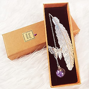 Metal Feather Bookmark, Vintage Book Marks with 3D Butterfly and Glass Beads Dry Flower Pendant, Mother's Day, Christmas for Women, Men Book Lovers Creative Gifts Bookmarks