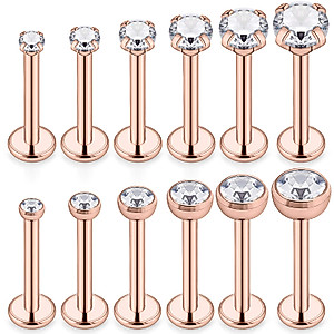 SCERRING 12PCS 16g Stainless Steel 2-4.5mm Clear CZ Internally Threaded Labret Monroe Lip Earring Ring Body Piercing Jewelry 10mm - Rose Gold