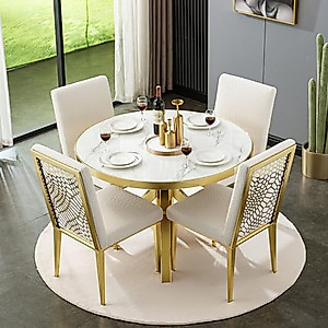 AUZ Round Dining Table, 45 inch White and Gold Table with Gorgeous Polished Stainless Steel Circle Trim and Cross Legs