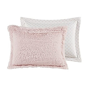 Intelligent Design Shaggy Faux Fur Cozy Reversible Comforter Set Petal Print Reverse, Modern All Season Lightweight Fuzzy Bedding with Matching Sham, Blush Full/Queen 3 Piece