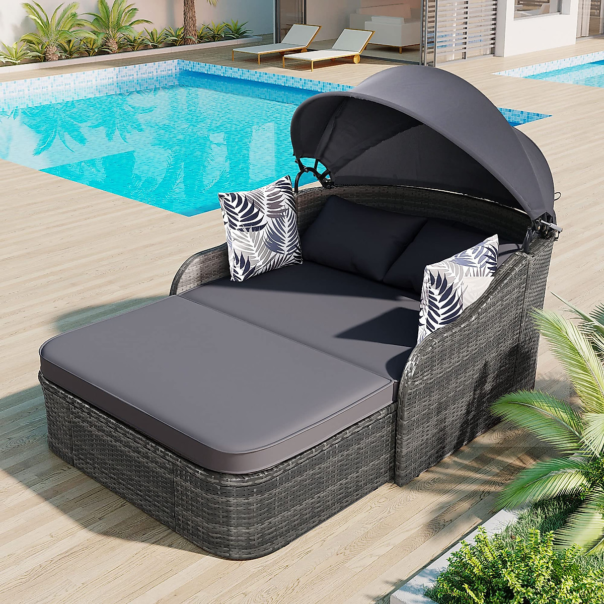 Outdoor Sunbed with Retractable Canopy, Rattan Wicker Patio Daybed with Washable Cushions and Pillows, Chaise Chair Sunbed for Garden Poolside Backyard, Gray Wicker