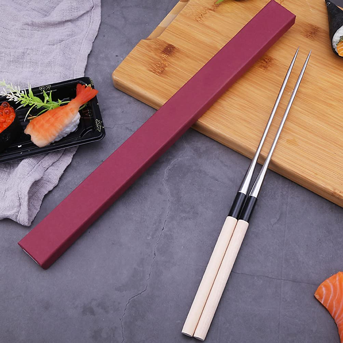 Angoily 2pcs Sashimi Chopsticks Long Chopsticks Metal Noodles Chopstick Cooking Frying Chopsticks Moribashi Chopsticks Korean Chopstick Wooden Handle Stainless Steel Travel Non-slip