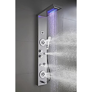 ELLO&ALLO Stainless Steel Shower Panel Tower System,LED Rainfall Waterfall Shower Head 6-Function Faucet Rain Massage System with Body Jets, Brushed Nickel