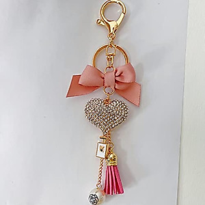SWJEWEL Rhinestone Heart Keychain for Women Pink Bowknot Tassel Cute Car Key Ring Accessories Girl Bag Charms Handbag Purse Backpack Pendant Charms (Pink)