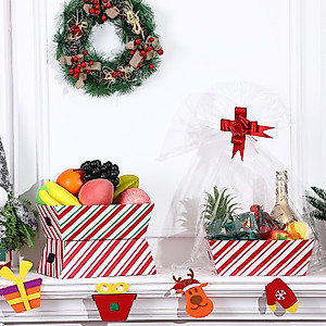 12 Pcs Christmas Basket For Gifts Empty Kit 9.8 x 8.3'' Red Green Candy Stripes Cardboard Basket to Fill Bulk with Handle Shrink Wrap Bags, Pull Bow, Raffle Gift for Holiday Xmas Decorations