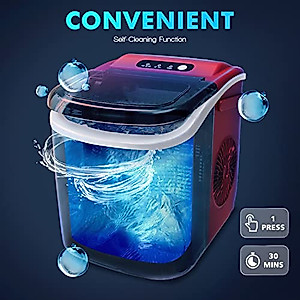 Ice Maker Countertop 9 ice Cubes Ready in 6 Mins with Handle, Portable Ice Machine with ice Scoop and Basket Self-Cleaning Ice Makers, Up to 26 lbs for Home Kitchen Office Bar Party（RED