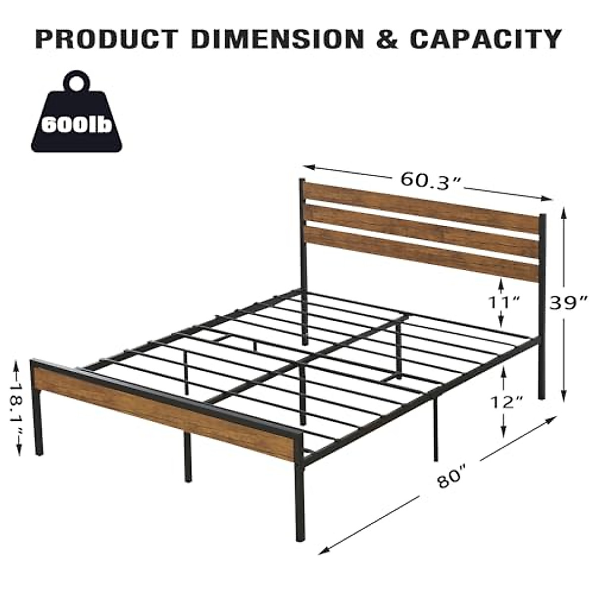 coucheta Queen Bed Frame,Queen Bed Frame with Wooden Headboard and Footboard, Platform Bed Frame with Storage, Strong Metal Slats Support, No Box Spring Needed,Brown