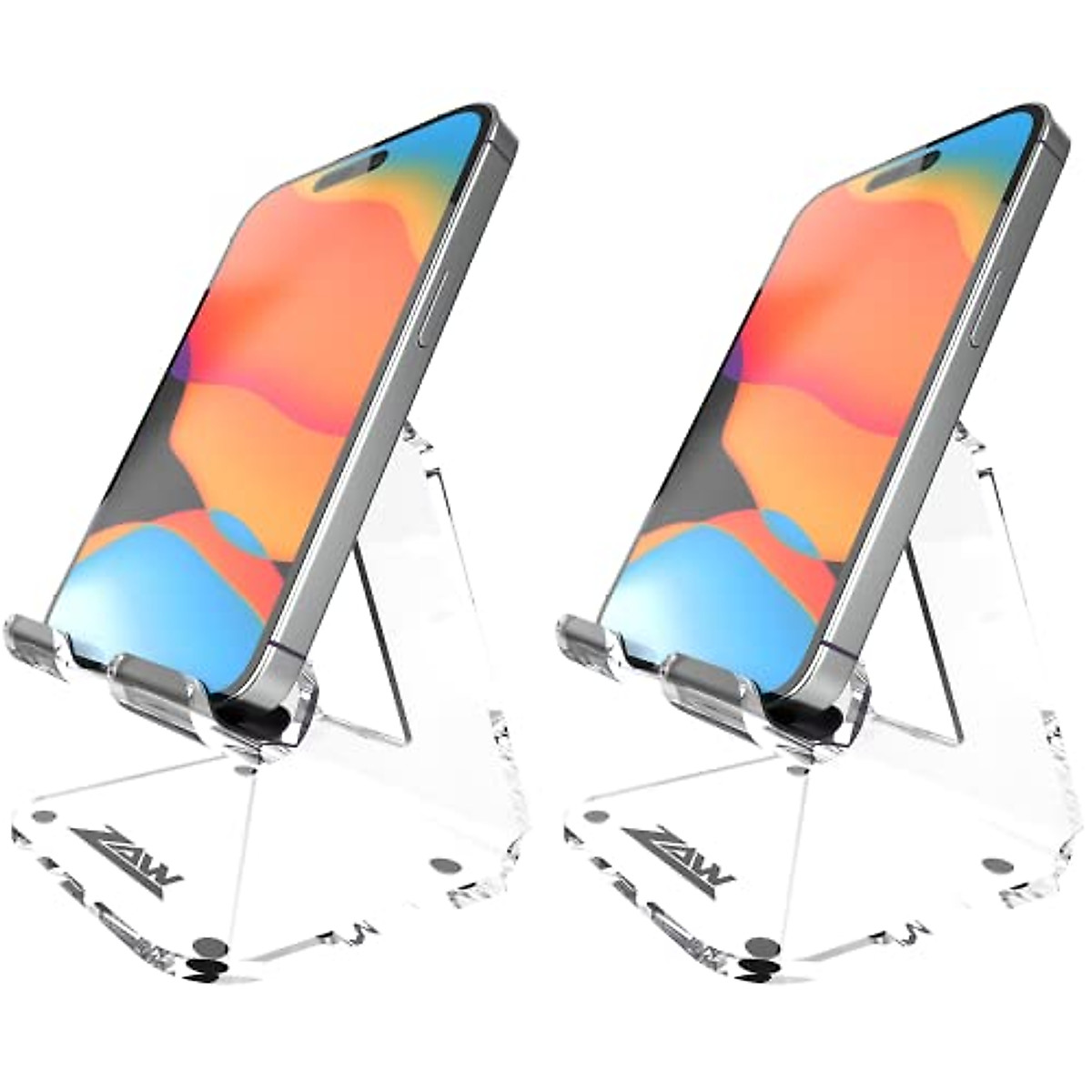 ZAW Acrylic Cell Phone Stand, Office Desk Accessories Clear Phone Stand for Desk, 4MM Acrylic Phone Holder, Compatible with iPhone 14 Pro, Samsung S21 S20 Smartphones (2xPack)