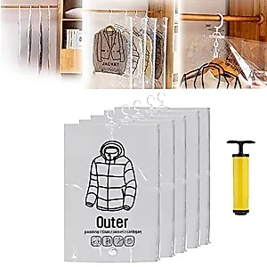 FETNHU Hanging Compressible Storage Bag, Hanging Vacuum Storage Bags with Pump, Reusable Space Saver Vacuum Storage Bags for Home Closet Organization Compression Seal (5PCS,M 67 x 90cm)