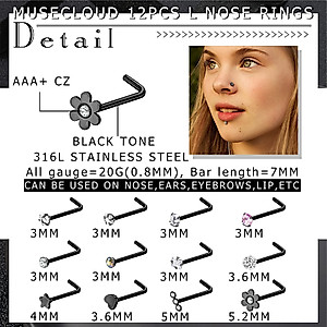MUSECLOUD 20G Black Nose Rings For Women Men 6pcs Stainless Steel Nose Rings Hoops 12pcs L Shape Nose Rings Studs Heart CZ 8mm Cartilage Hoop Flower Star Nose Piercing Jewelry (Black)
