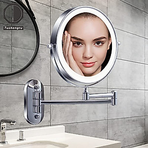 Tushengtu 8”Wall Mounted Makeup Mirror with Intelligent Light Control-10X Magnification, Rotatable Mirror, Adjustable Brightness and Color Temperature