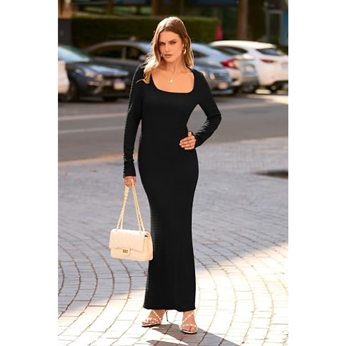 PRETTYGARDEN Women's 2024 Fall Maxi Bodycon Dress Long Sleeve Square Neck Long Fitted Mermaid Dresses (Black,X-Large)