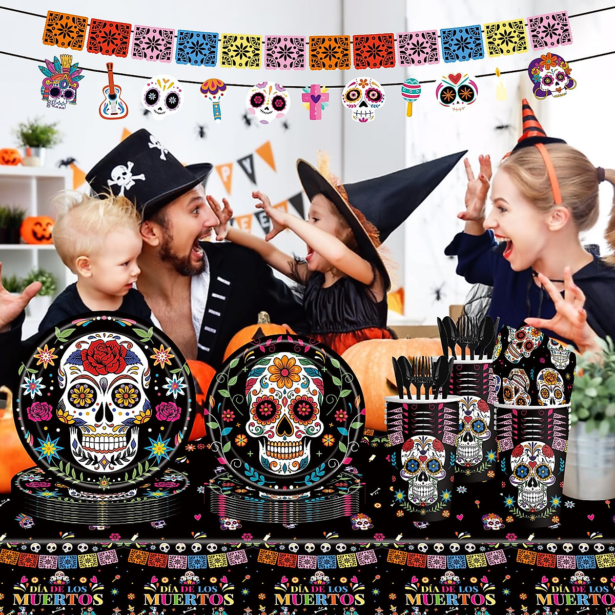 130 PCS Skull Party Supplies with Skeleton Paper Plates,Cake PlatesNapkins, Cups and Cutlery for Skull Birthday Party Decorations, Disposable Dinnerware Set (Serves 10)