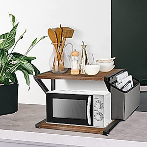 Y&ME YM Desktop Printer Stand with Storage Bag, 2 Tier Desktop Organizer Shelf, Rustic Wood Printer Table with Adjustable Anti-Skid Pads, Under Desk Printer Shelf for Fax Machine, Scanner, Files