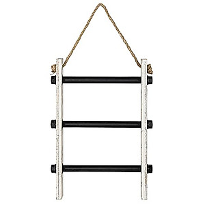 MyGift 3-Tiered Hanging Hand Towel Rack Ladder, Wall Mounted Whitewashed Wood and Industrial Pipe Bathroom Storage Towel Holder with Rope