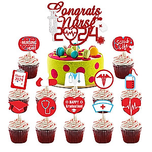 Nurse Graduation Party Decoration,2024 Glitter Red Nurses' Day Congrats Nurse Banner Nurses & Doctors Theme Garland Cake Cupcake Toppers for Nurses Week Nurses Day RN Graduation Party Supplies