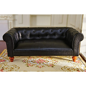 ARTLEER 1/12 Furniture Long Sofa Office Sofa Leather Black Handmade Exquisite Deluxe SF148