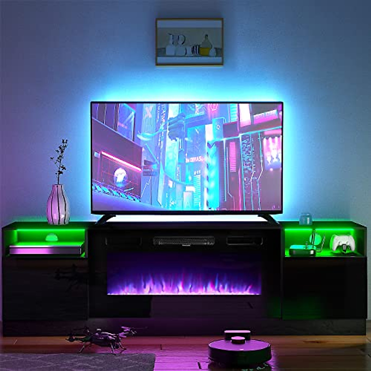 oneinmil Fireplace TV Stand with 36" Electric Fireplace, LED Light Entertainment Center, Modern Wood Texture Entertainment Stand with Highlight Storage Cabinet for TVs Up to 80", 70 inches, Black