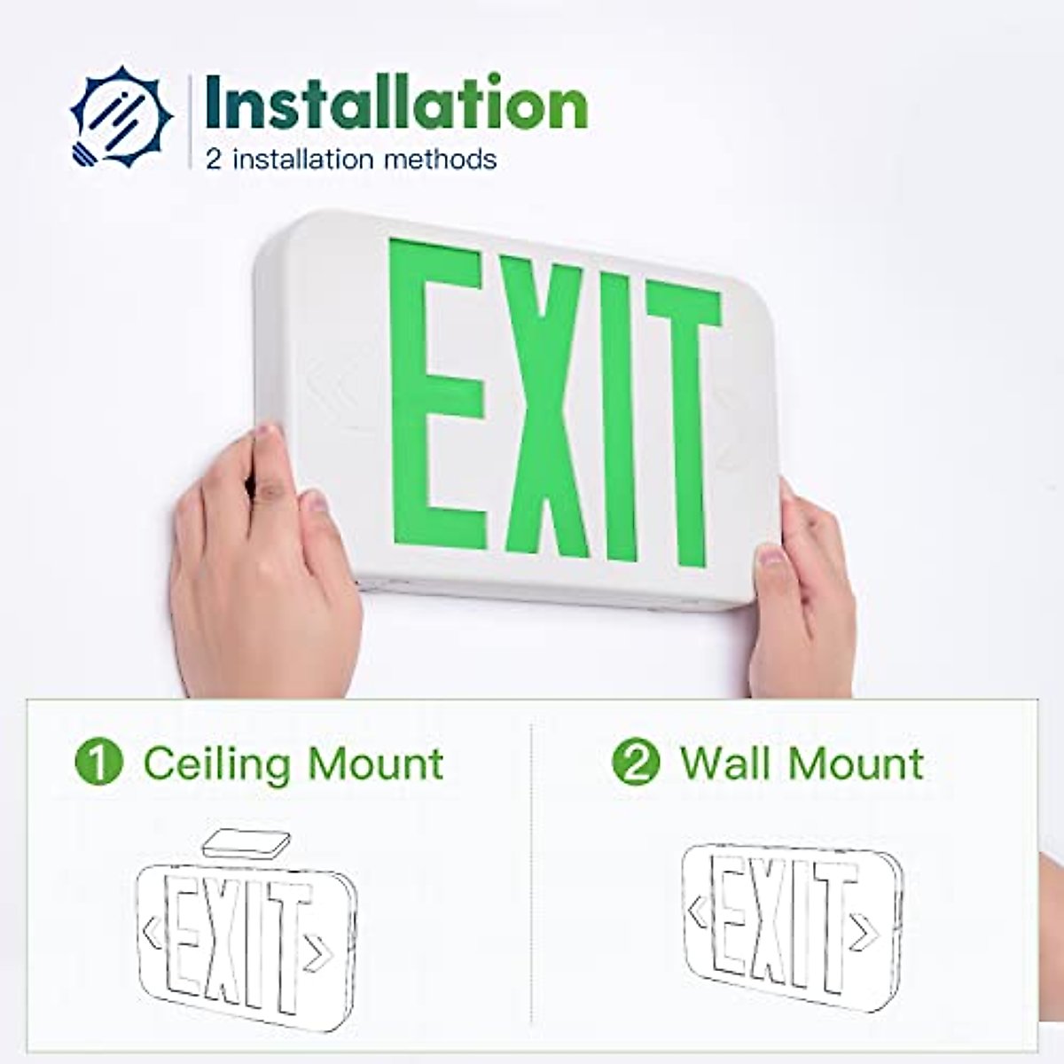 FREELICHT Green LED Exit Sign with Battery Backup，Exit Sign for Business，Easy to Install，UL Certified，AC 120/277V，Pack of 10