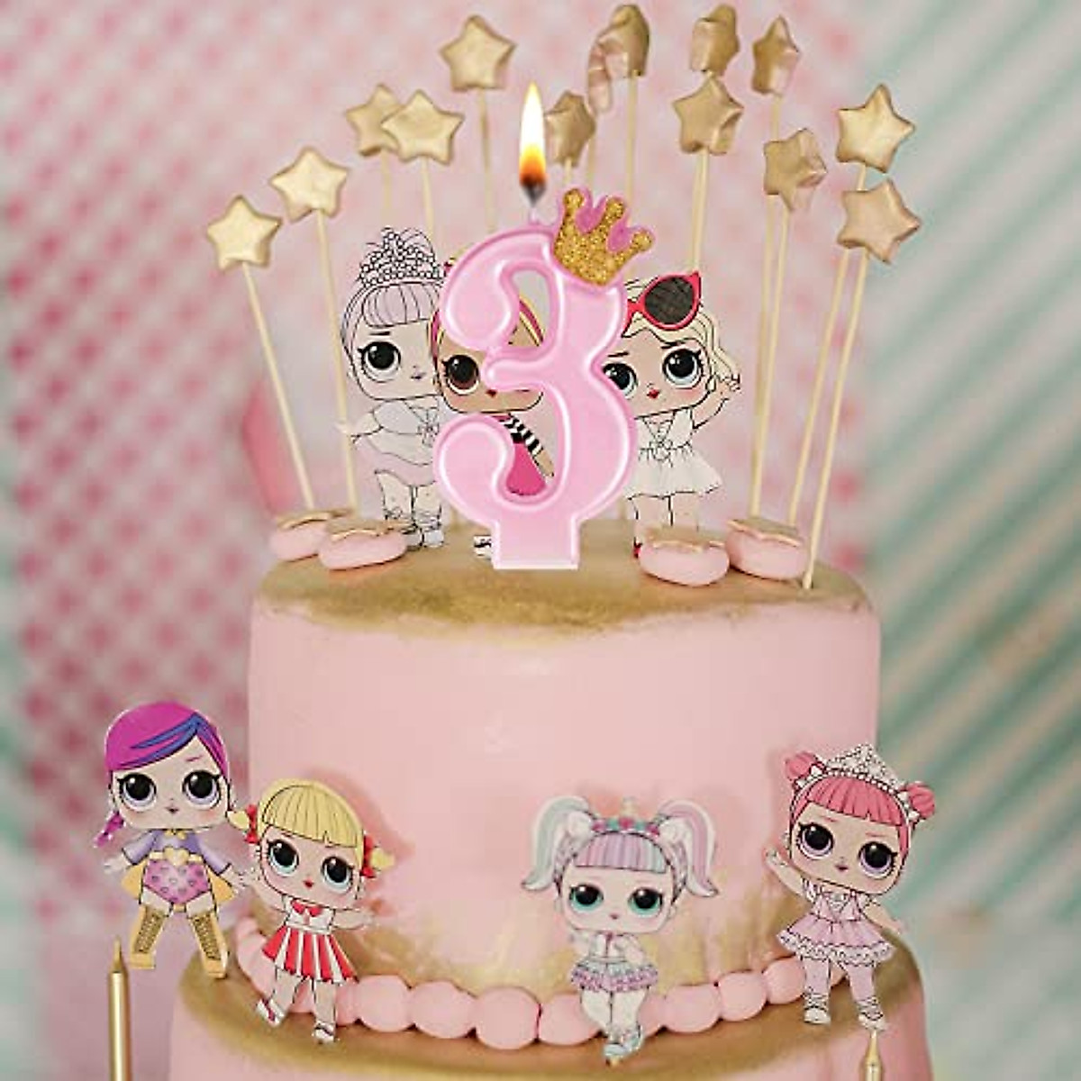 UVTQSSP 3.54 Inches 3th Birthday Candles Pink Number 3 Candles with Golden Glitter Crown Cake Topper Decoration for Party Wedding Celebration Reunions Anniversary Party Supplies Kids Adults